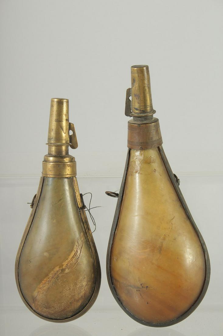 Two Brass Mounted Horn Powder Flasks. 6ins Long.