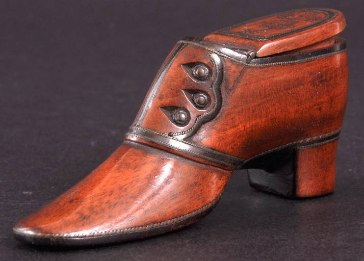 A Rare 19th Century Treen Shoe Snuff Box With Brass
