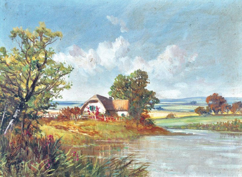 Joel Owen (20th Century) River Scene With Cottag