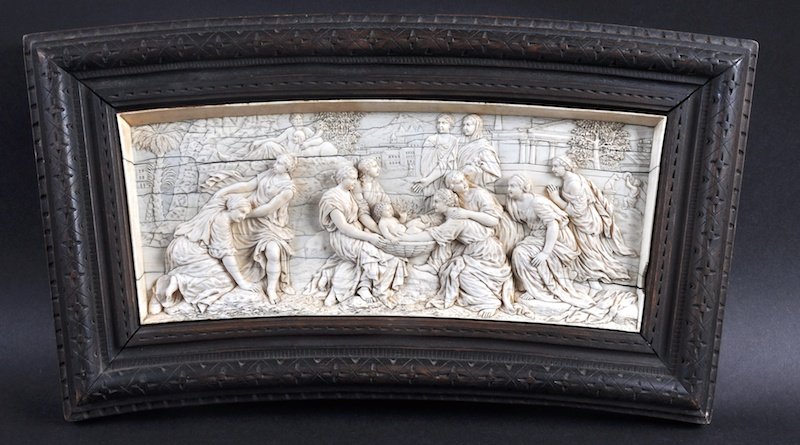A 17TH CENTURY CARVED EUROPEAN IVORY PLAQUE with ten