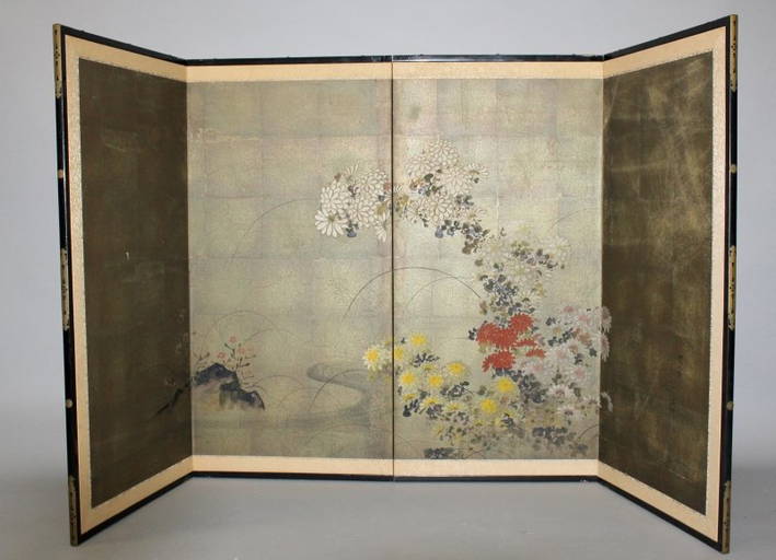 A 20th Century Signed Japanese Four Fold Painted Paper