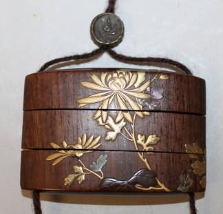 A Rare Inlaid And Lacquered Kiri Wood Single Case Inro Depicting ...