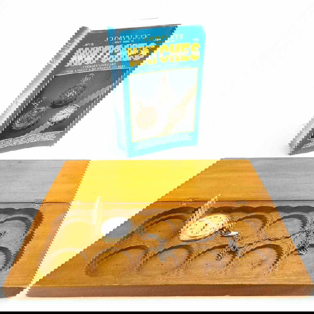 Wooden (10) Pocket Watch Box + Pocket Watch + Book Auction