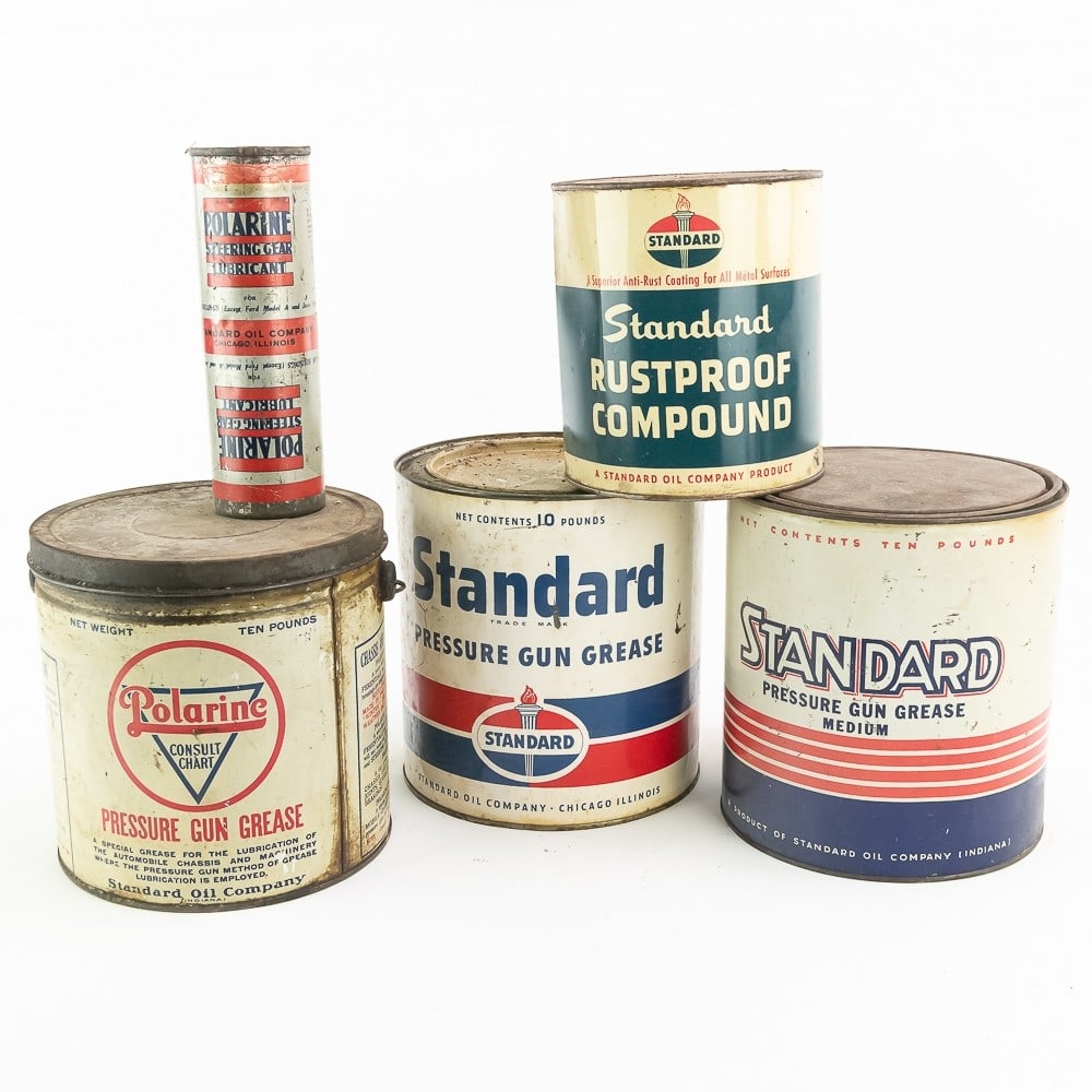Five Vintage Standard Oil Grease Cans Auction