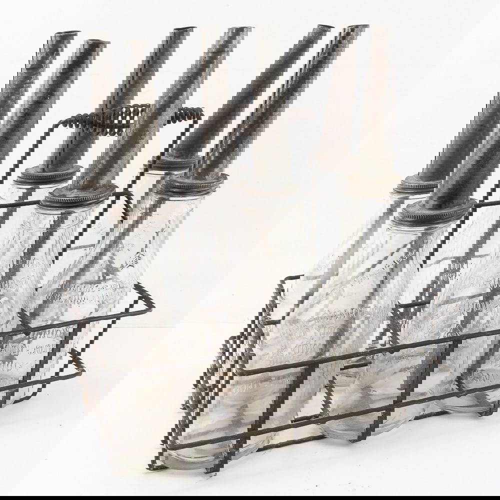 (6) 1922 Handy Oiler Glass Bottles W Wire Carrier Auction