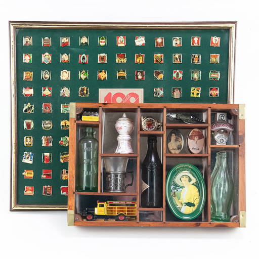 Coca Cola Shadow Box & Framed Centennial Pins