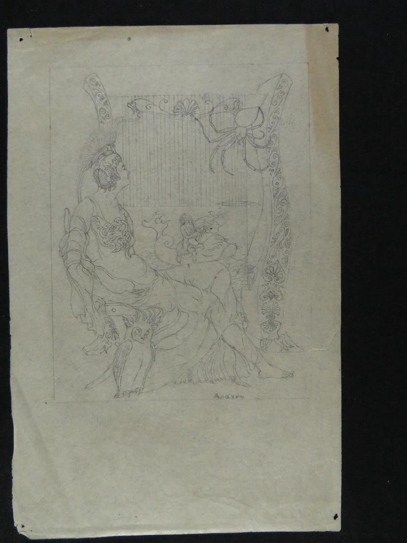 Early 20th C Drawing Woman Harp Owl Classical