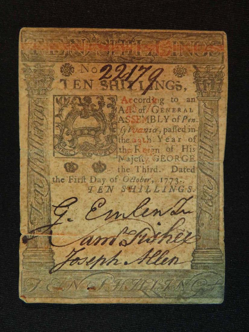 Authentic 1773 Ten Shillings Note PA