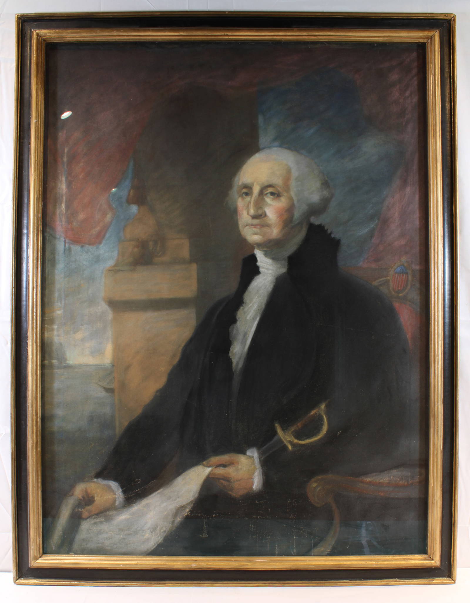 Early Large 19th C Pastel George Washington W/ Sword After Gilbert Stuart Auction