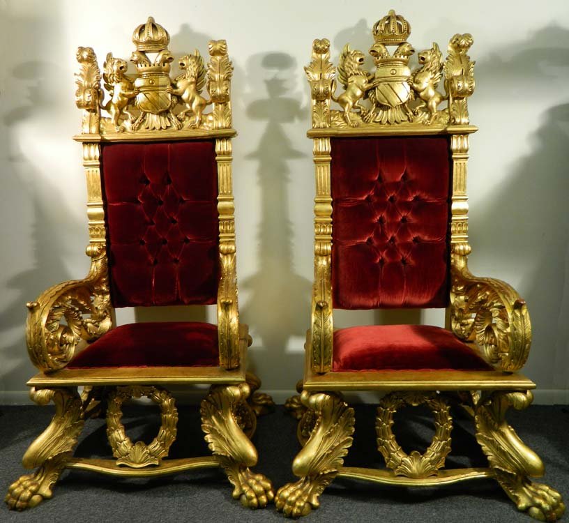 2 English Gilded Throne Chairs Thanos Lion & Eagle