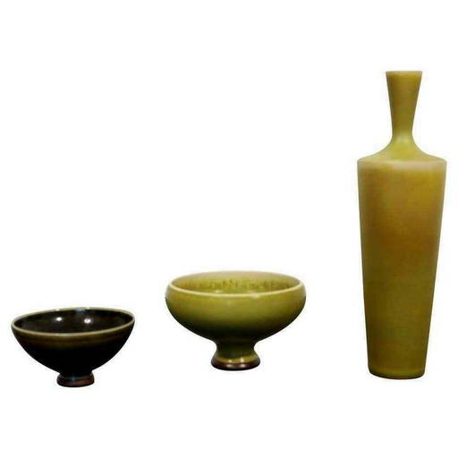 Berndt Friberg Signed Yellow Hare Glaze 1960s Mid Century Modern 3 Pc Ceramic Set