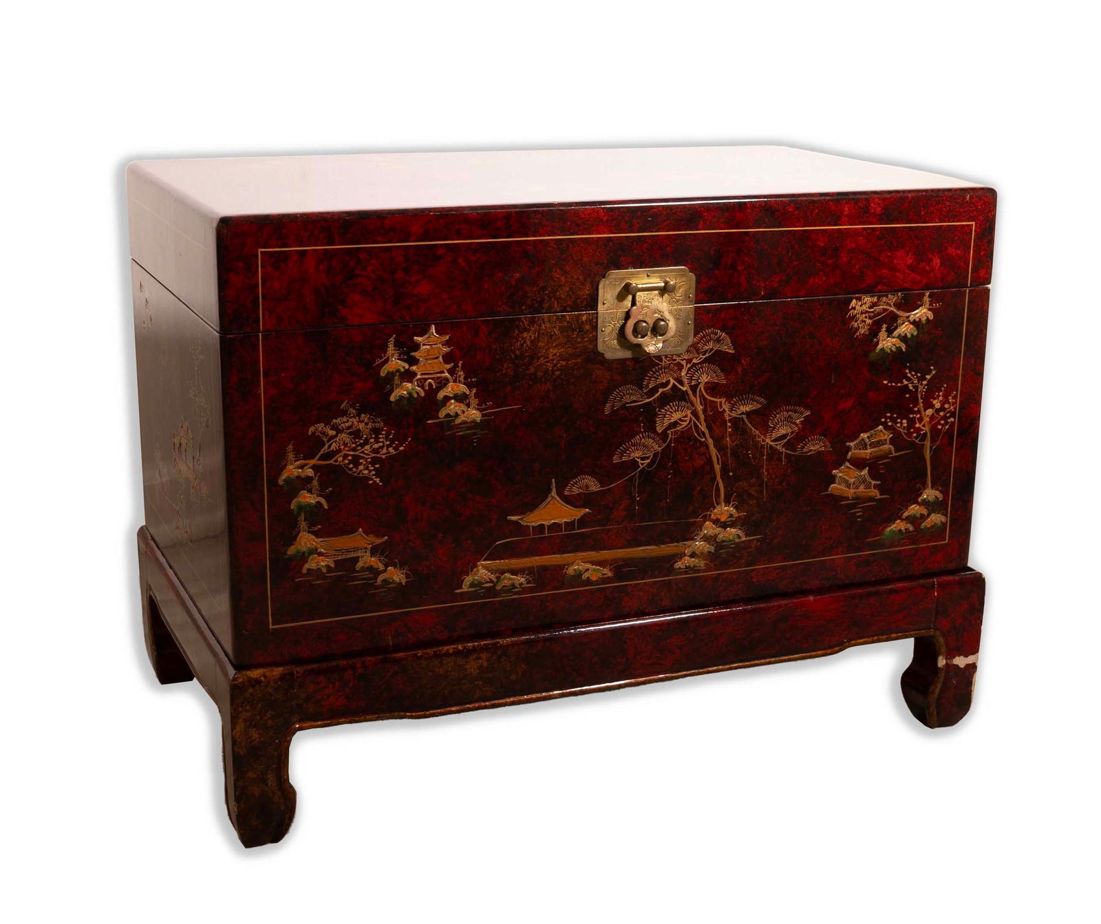 Antique Chinese Chest Red Cherry Lacquered Wood Hand Painted ...