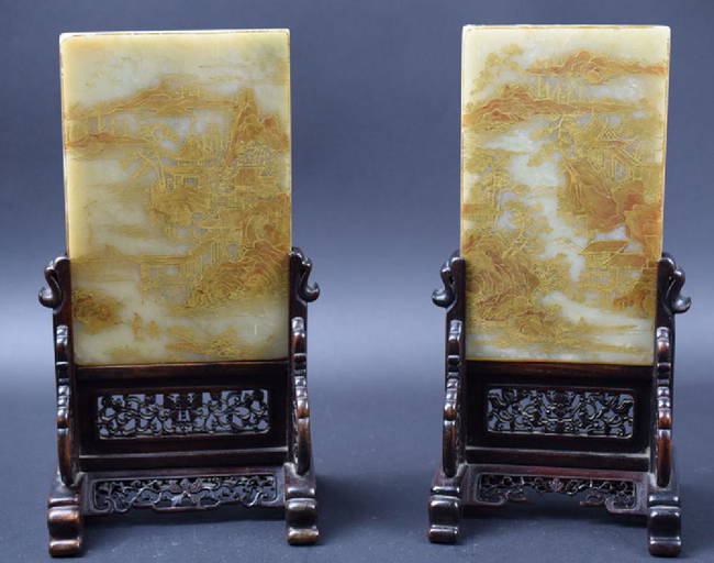 Pr. Chinese Gold Leaf And Painted And Finely Carved