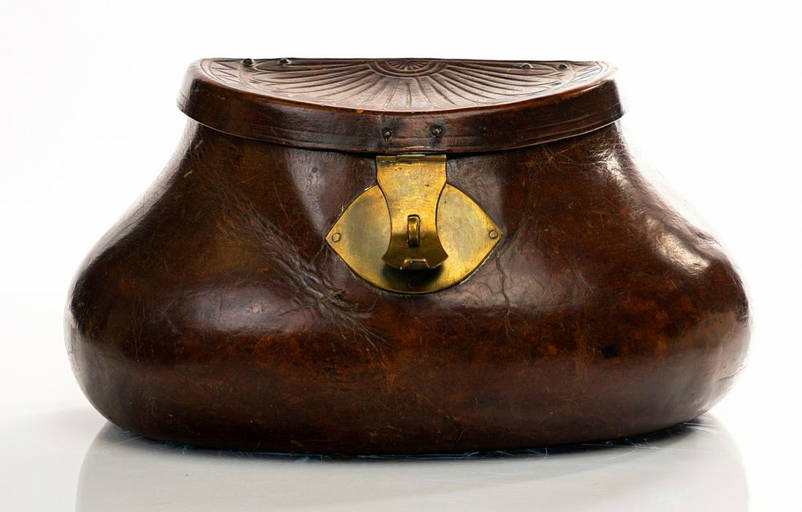 Early 18th Century Leather Pop Bellied Fishing Creel.