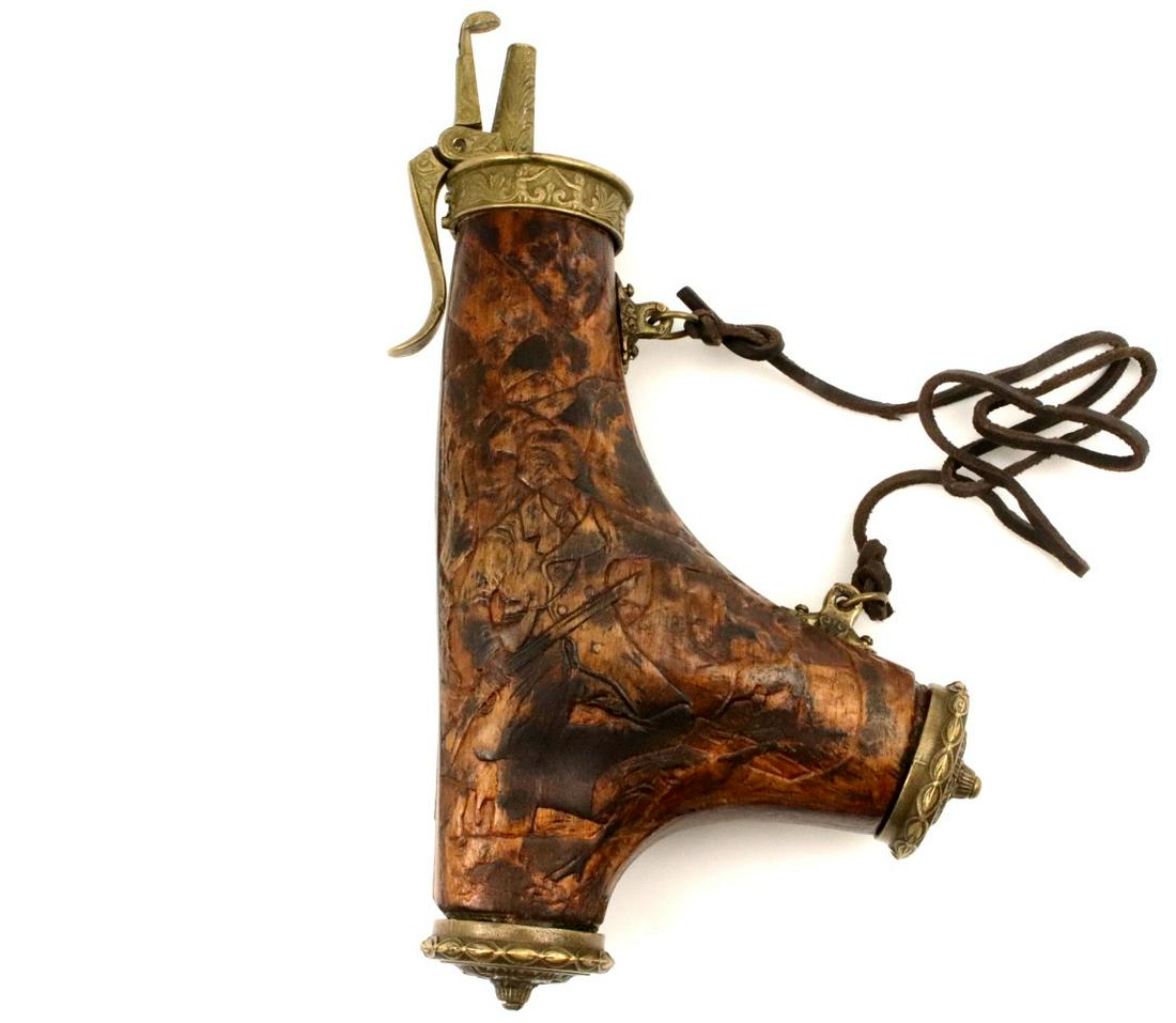 Well Carved German Or Austrian Hunting Powder Flask Of 17th C. Style ...