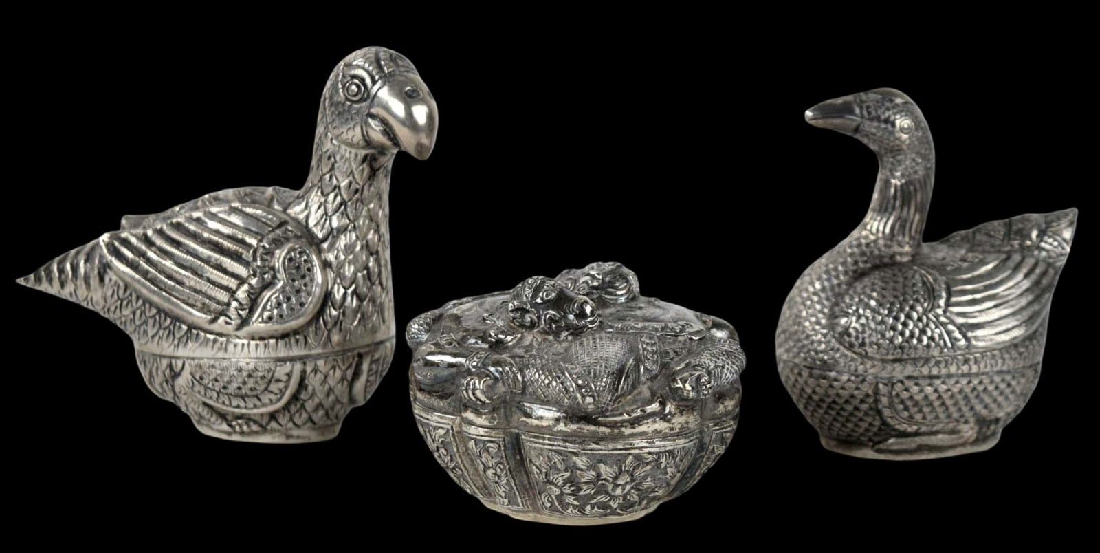 Group 3 Antique Cambodian 900 Silver Betel Nut Boxes Auction