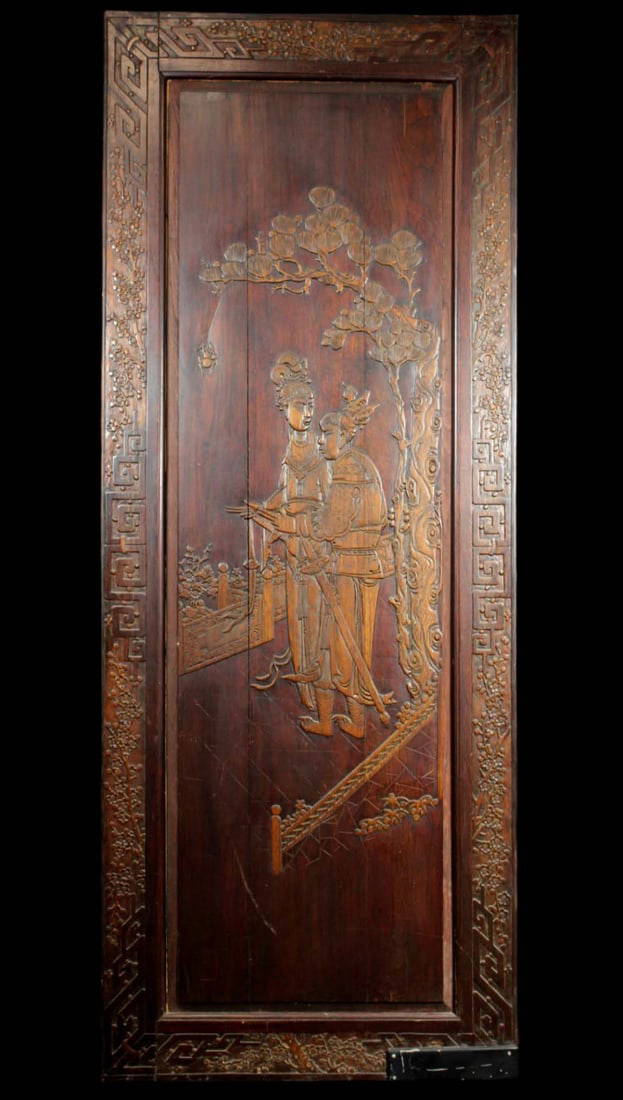 Large Antique Chinese Wood Door Finely Carved With Palace Guards Armed ...