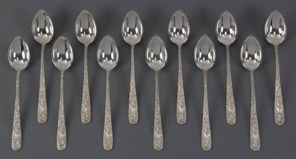 (12) S. Kirk & Son Sterling Repousse Fruit Spoons, 6"