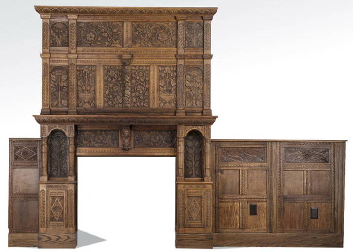 7 Pcs.19th C. English Jacobean Oak Mantel & Panels