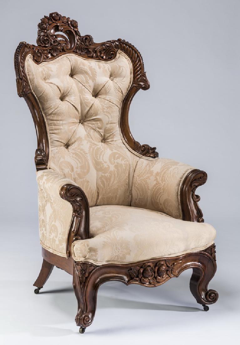 Rococo Revival mahogany curved back armchair, 47"h