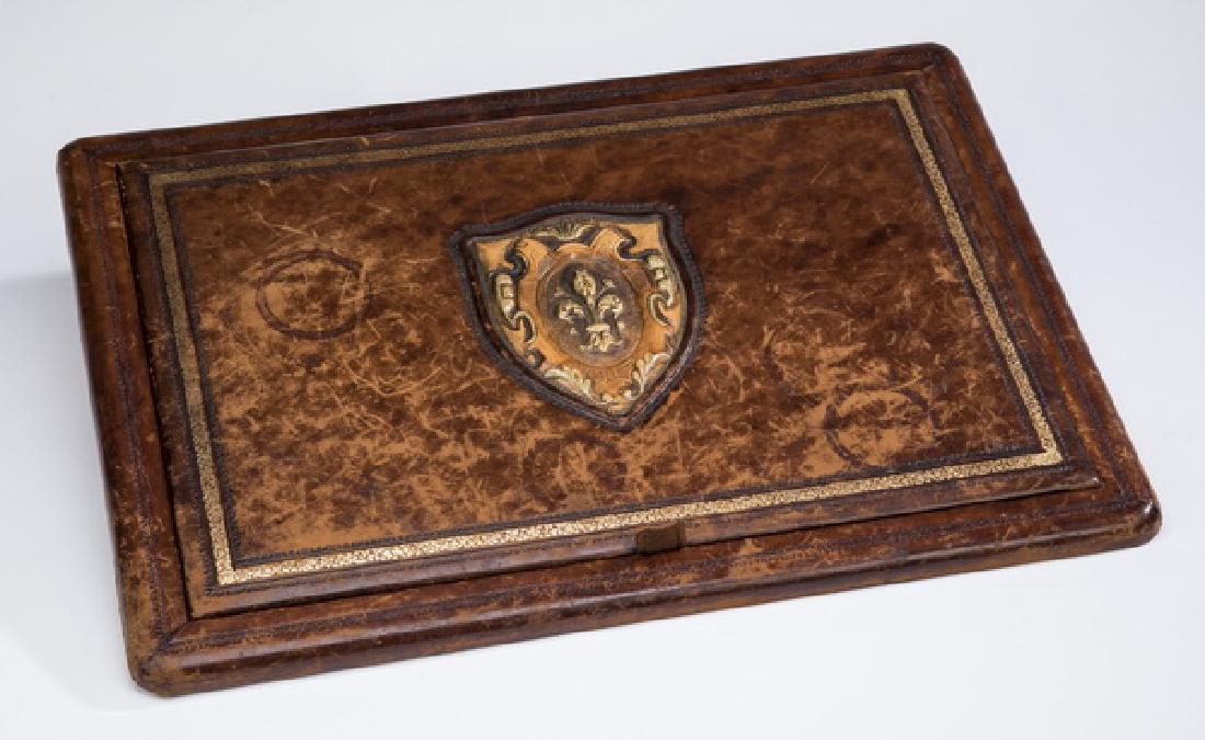 Continental tooled leather desk pad & blotter, 24"w