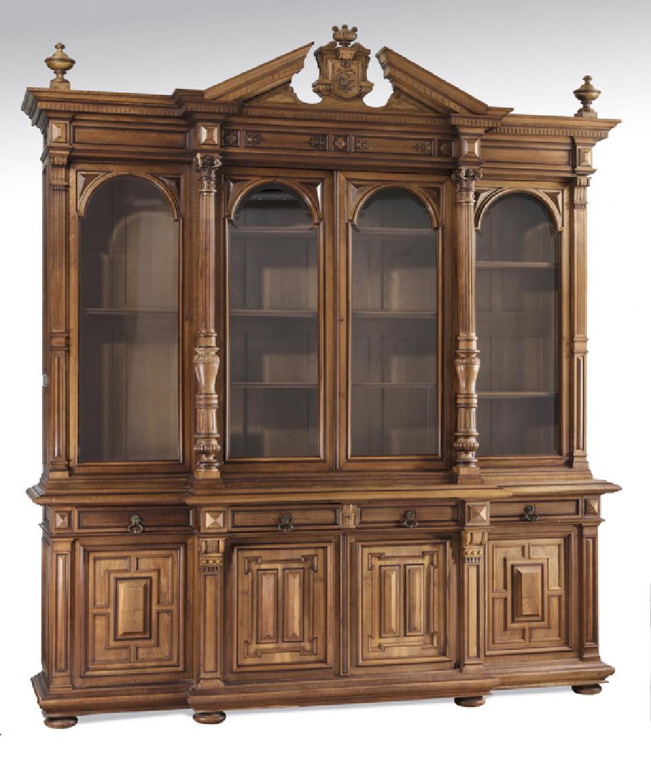 19th c. French walnut architectural bookcase, 112"h