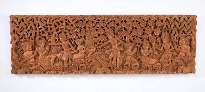 Antique Ramayana Epic Carved Wood Relief Panel, Bali, Indonesia