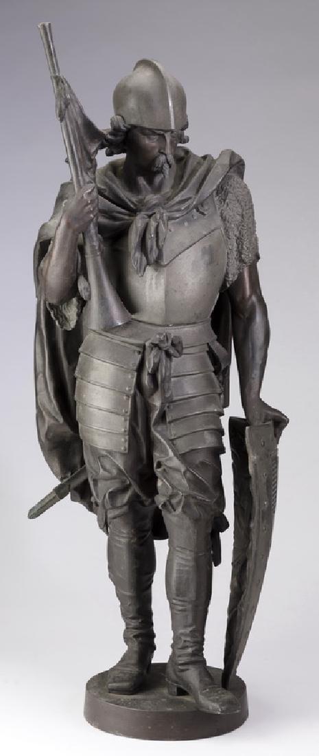 Sculpture of knight in Renaissance armor w/trumpet