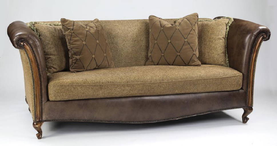 Custom Contemporary Brown Leather & Tan Chenille Sofa