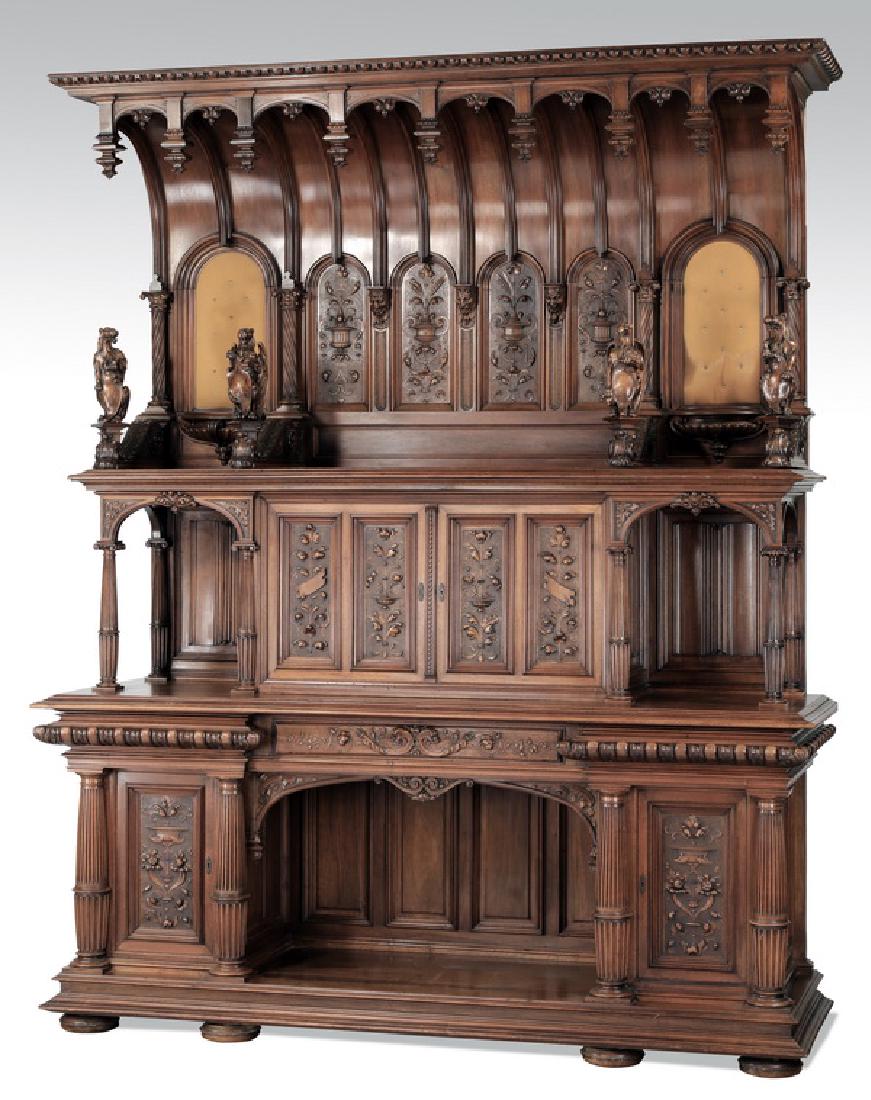 Monumental 19th c. French walnut canopy buffet, 115"h