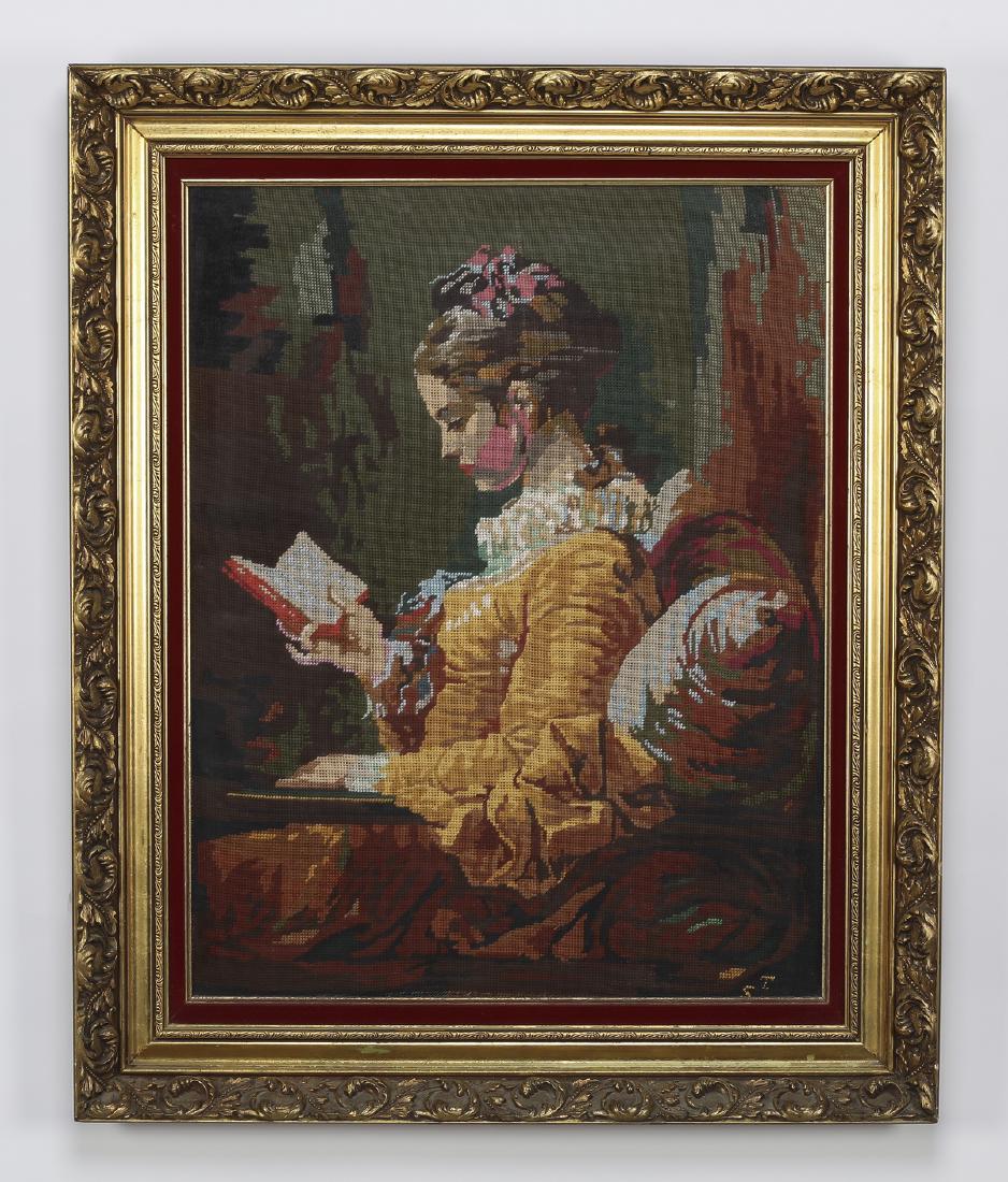 Framed needlepoint after Fragonard's 'The Reader'