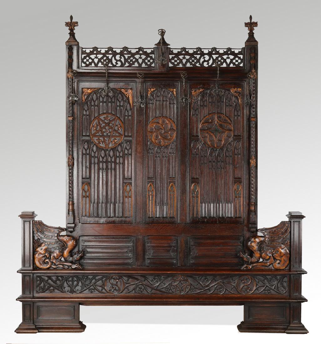 19th c. French Gothic Revival oak hall tree, 93"h
