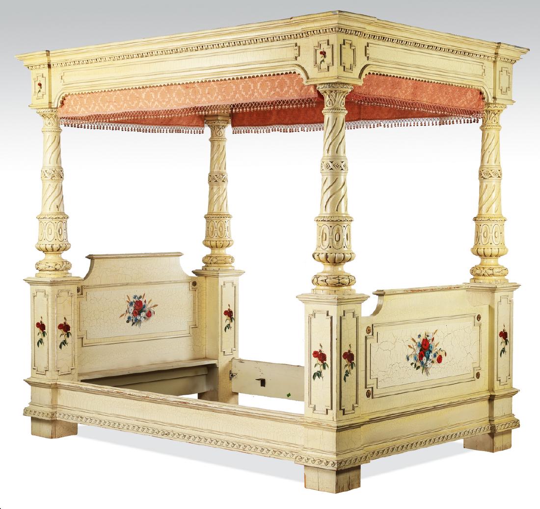 Italian style paint decorated full size canopy bed