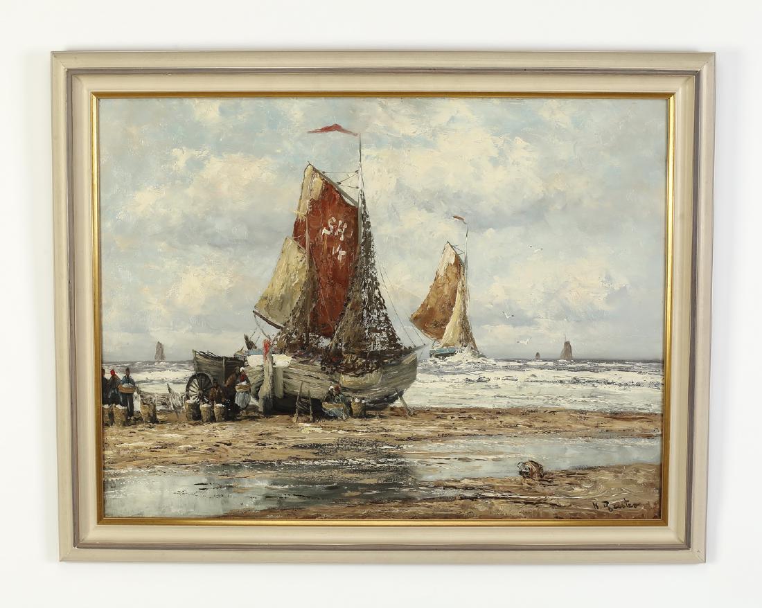 Helmut Reuter signed O/c of boats & figures