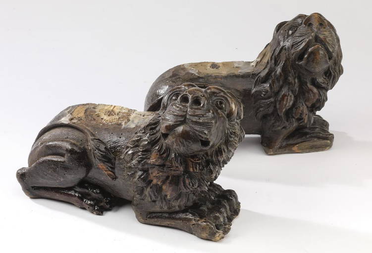 (2) 19th C. Continental Carved Recumbent Lions