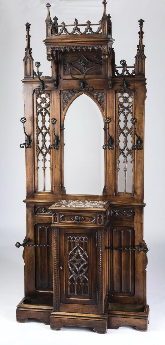 19th c. French Gothic Revival carved walnut hall tree