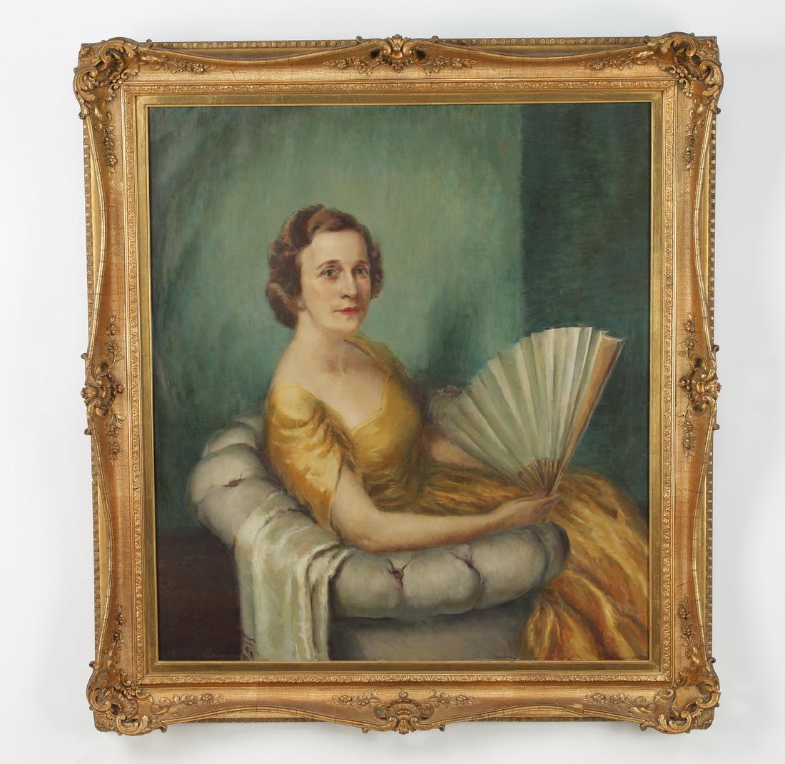 Early 20th c. American O/c portrait of matron in gown