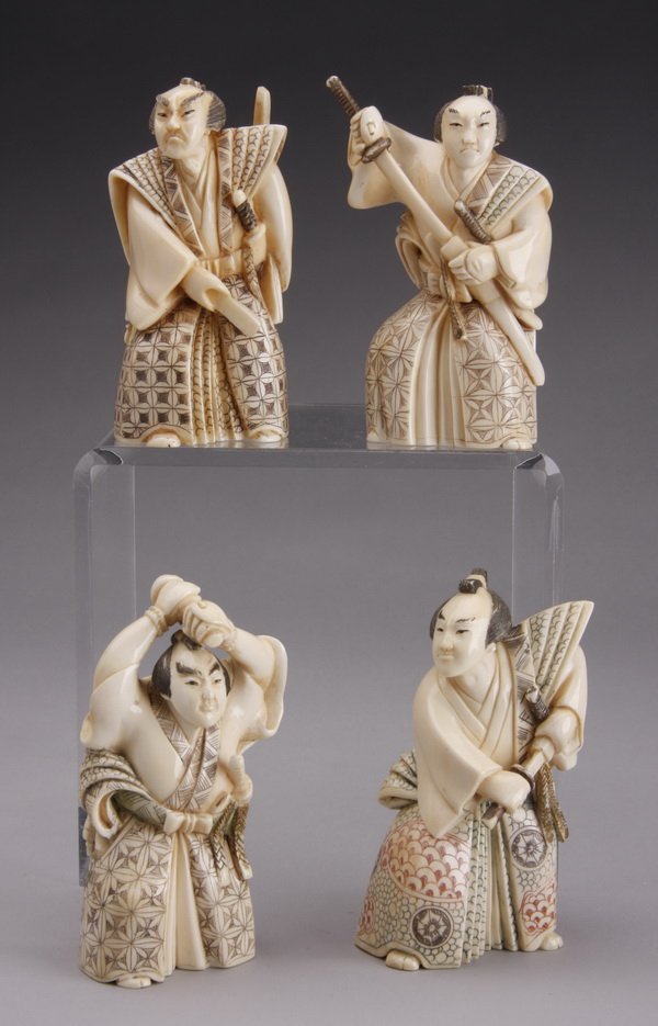 (4) Carved ivory Japanese Samurai warriors