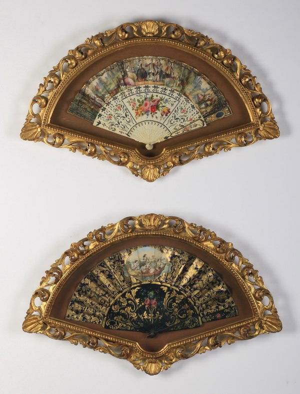 (2) 19th c. hand painted fans in shadowboxes