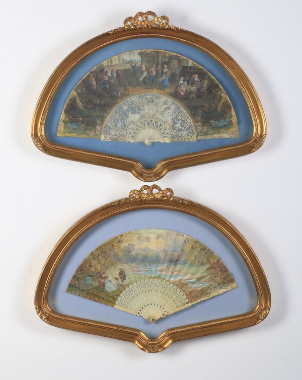 (2) 19th c. hand painted fans in shadowboxes