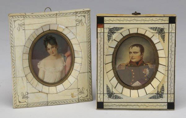(2) 19th C. Miniature Portraits, Ivory Frames