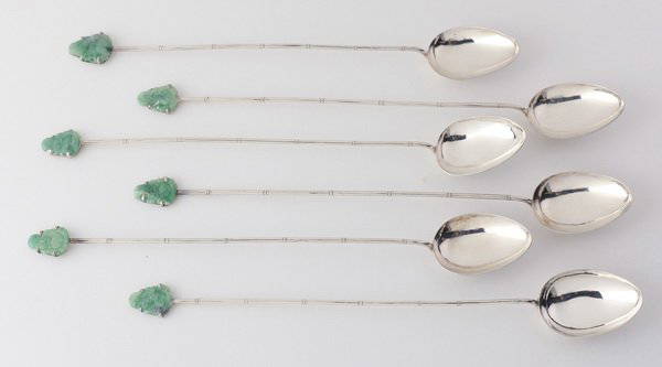 (6) Chinese Jade Tipped Teaspoons, 7"l