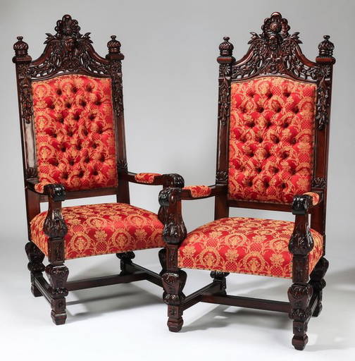 (2) Jacobean Style Throne Chairs, 70"h