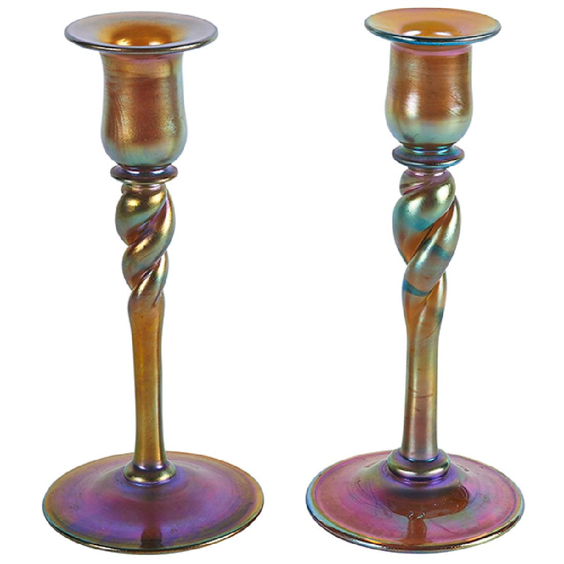 Steuben Glass Works candlesticks, #686, pair 3.5"dia x