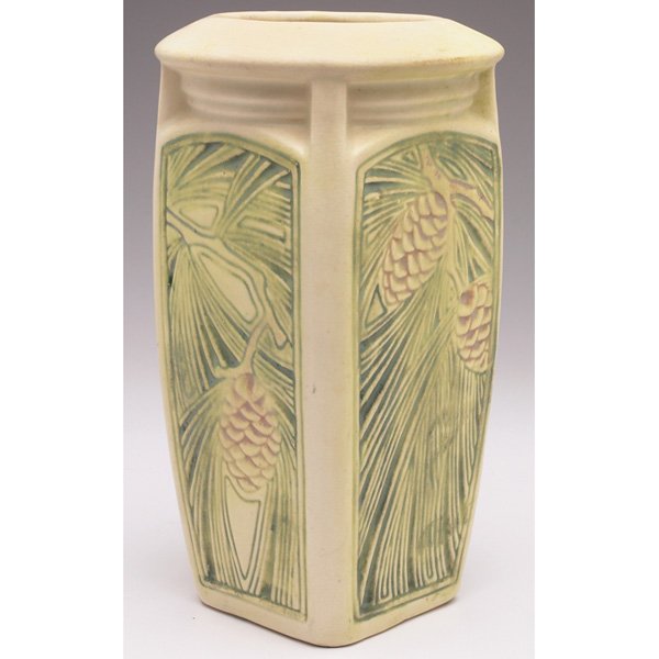 496: Weller Roma vase, pine cone and pine needle design