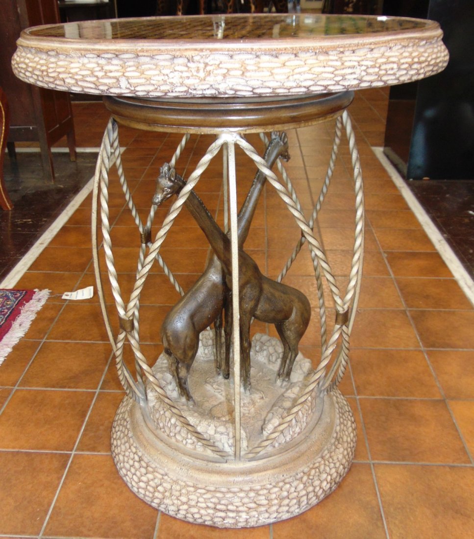 Unusual Hardwood & Wrought Iron Giraffe Side Table
