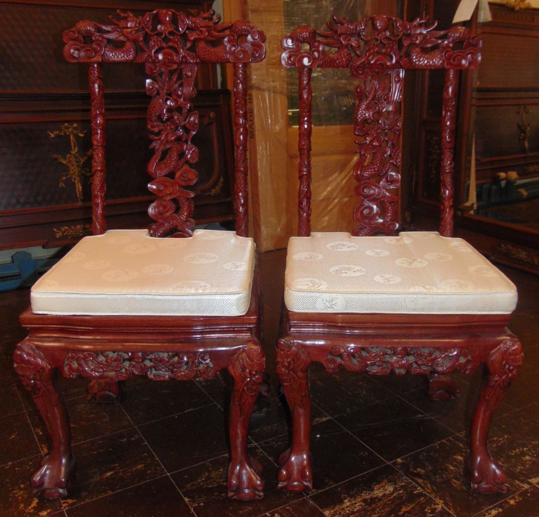 Pair (2) of Oriental Carved Chairs Dragons & Koi Fish