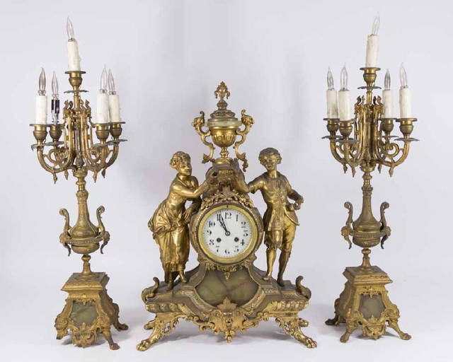 French 3 Piece Gilt Metal Louis Xv Style Clock Set