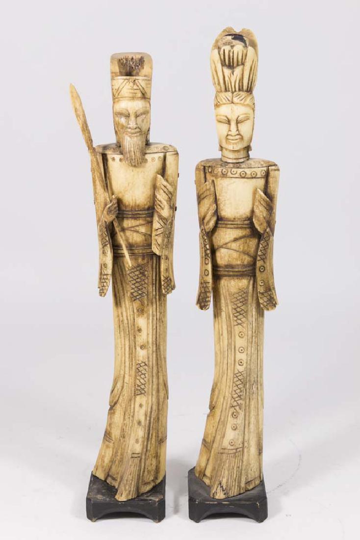 Pair Carved Bone Chinese Figures, King & Queen