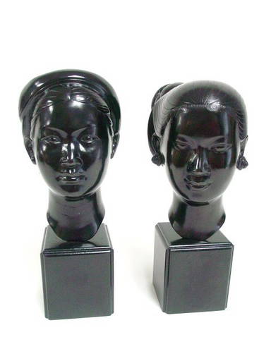 Pair Of Bronze Japanese Heads